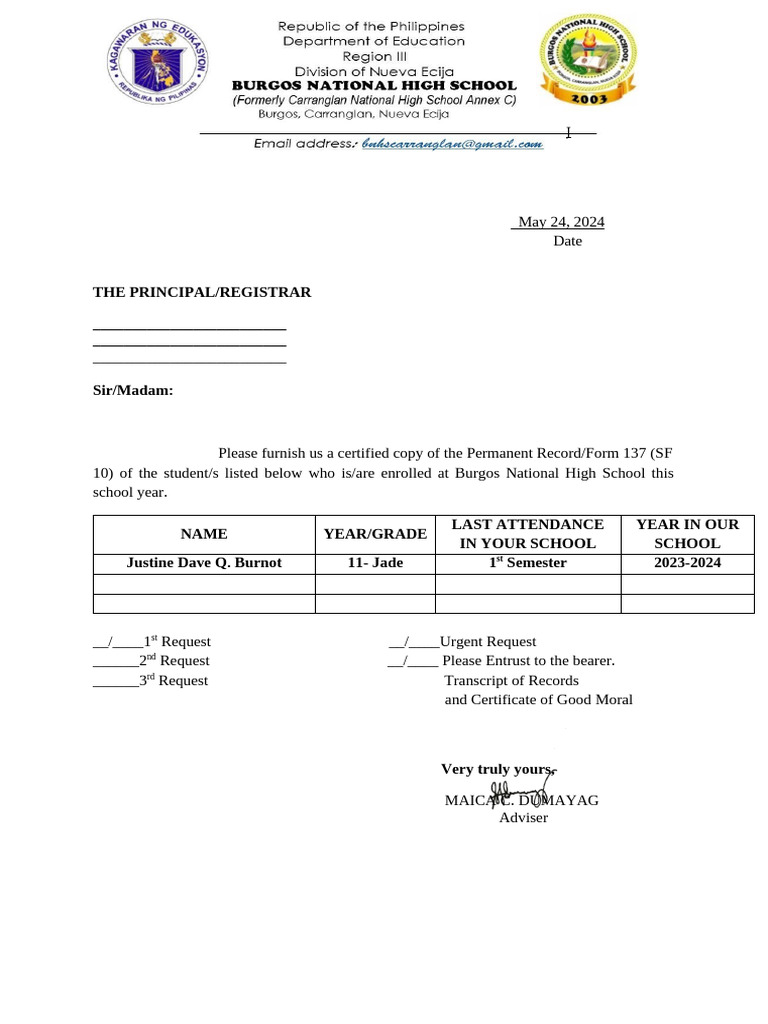 Request Letter SF 10 | PDF