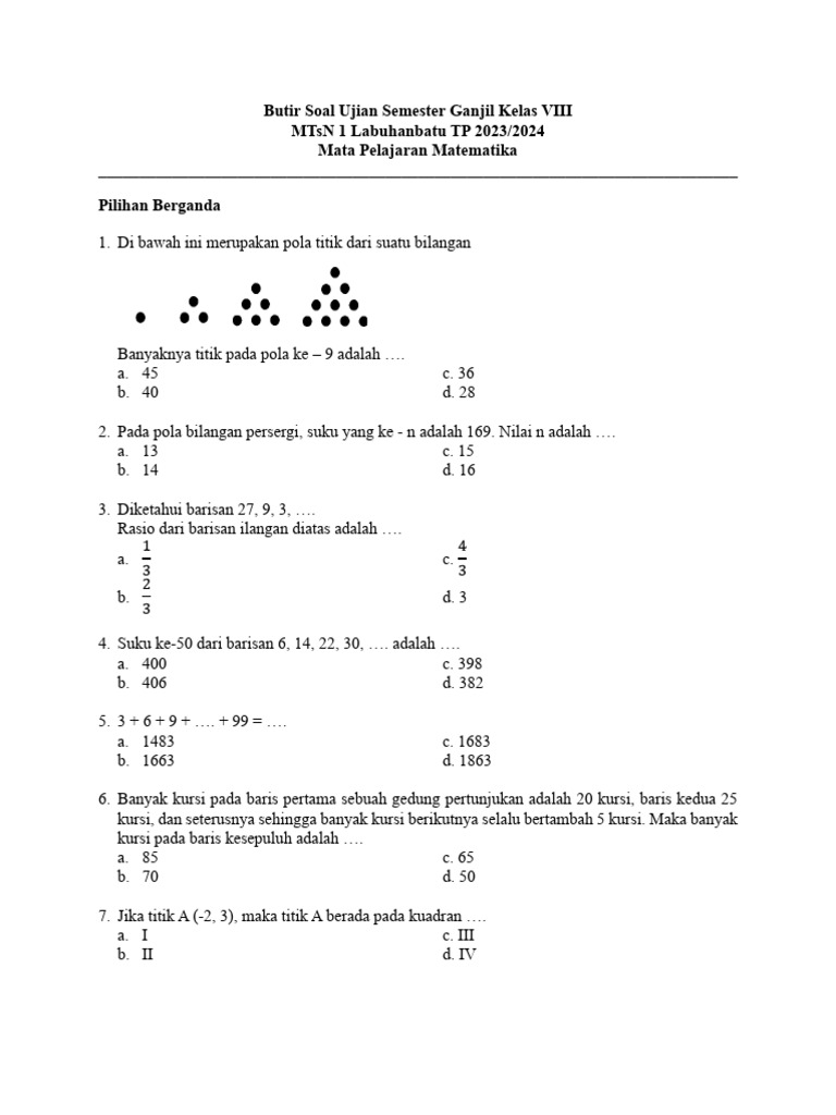 Butir Soal Ujian Semester Ganjil Kelas VIII | PDF