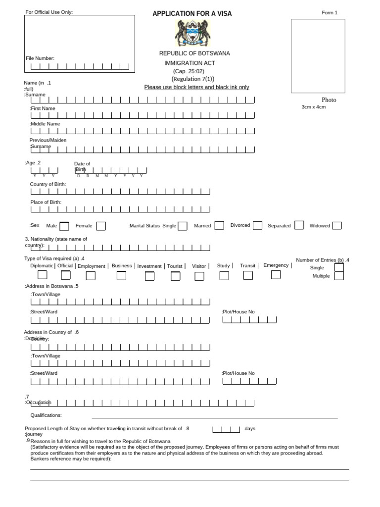 Botswana Visa Form | PDF | Travel Visa | Human Migration