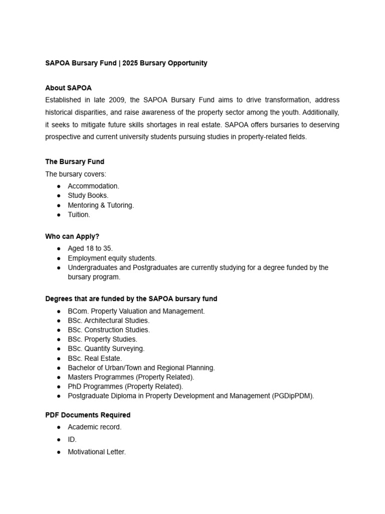 SAPOA Bursary Fund - 2025 Bursary Opportunity | PDF