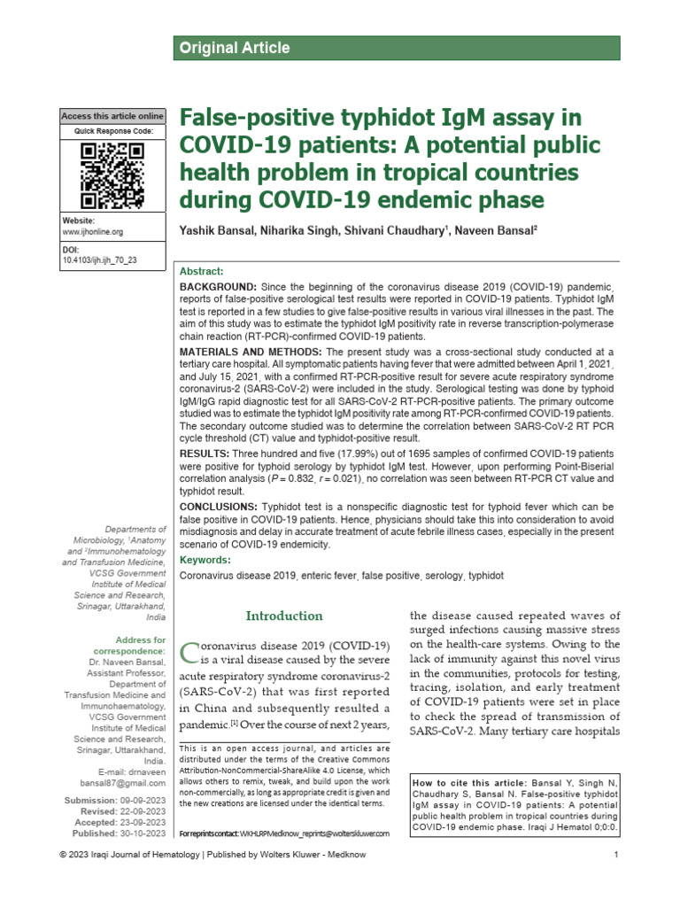 False-Positive Typhidot in COVID-19 Patients | PDF | Serology | Infection