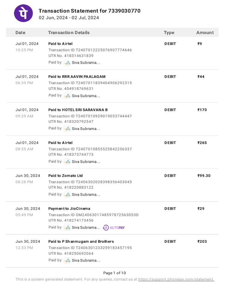 PhonePe Statement Jun2024 Jul2024 | PDF | Debit Card | Debits And Credits