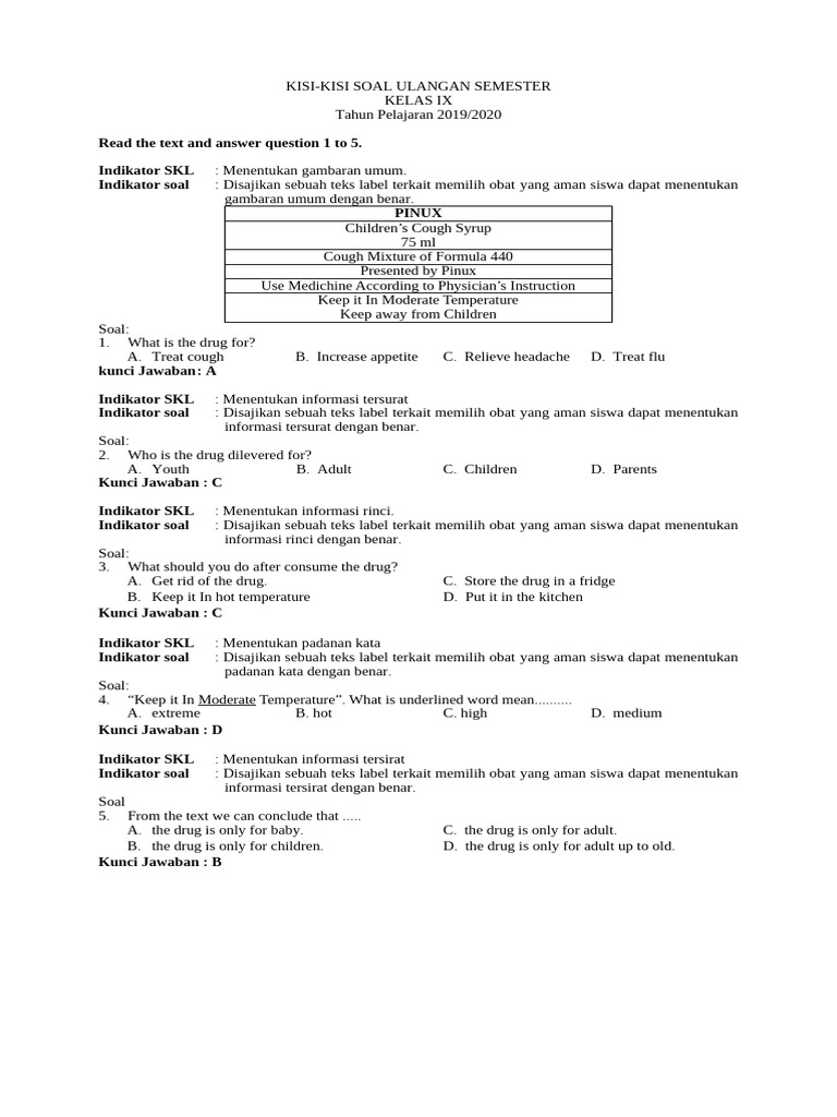 Kisi-Kisi Ulangan Semester Ganjil 2019-2020 | PDF