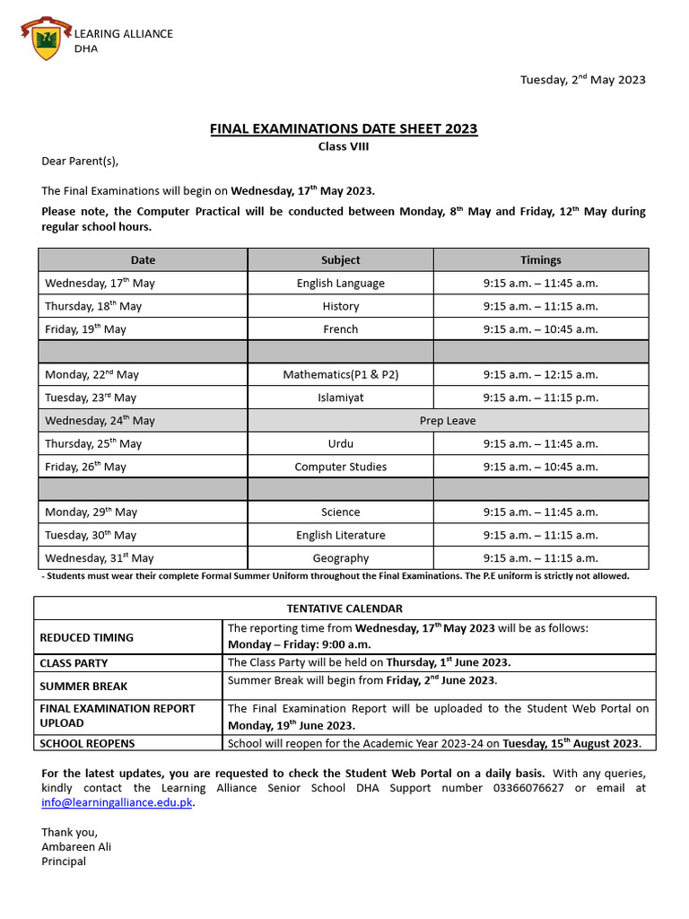 Exams Date Sheet | PDF
