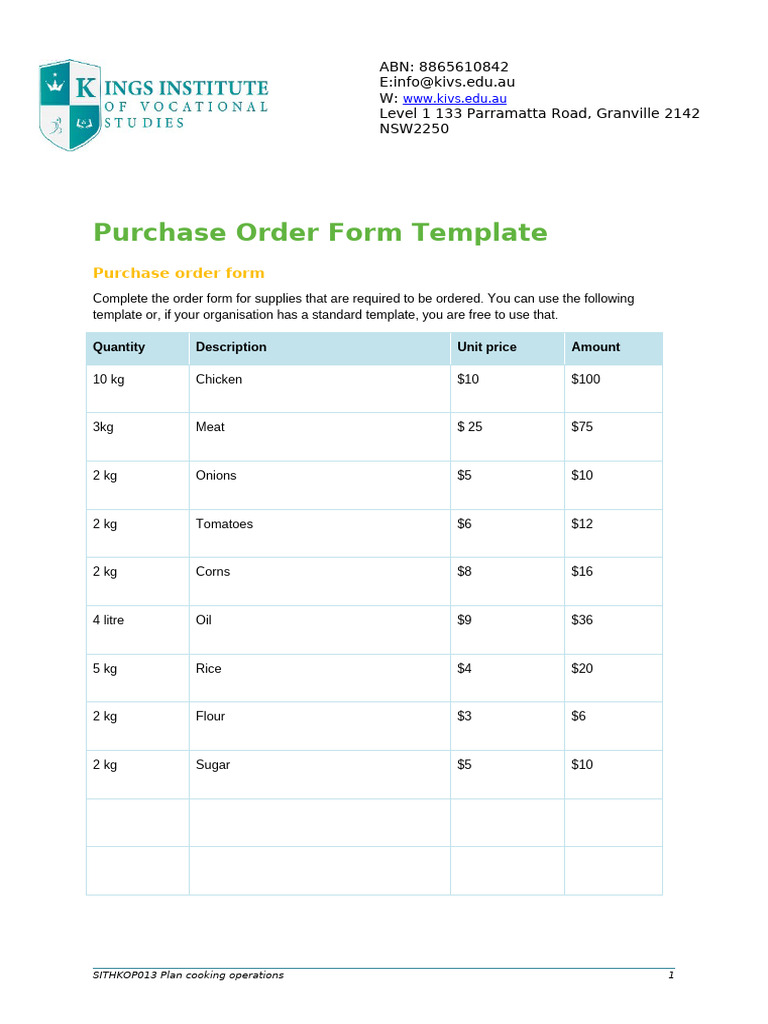 SITHKOP013 Purchase Order Form Template.v1.0 | PDF
