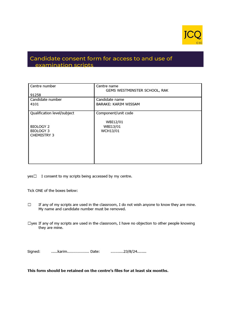 Candidate Consent Form - Access To Scripts | PDF