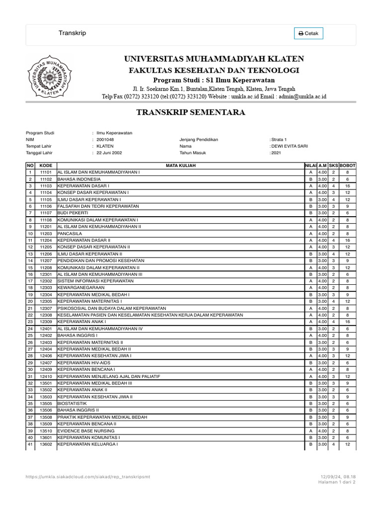 Dewi Evita Sari - Transkip | PDF