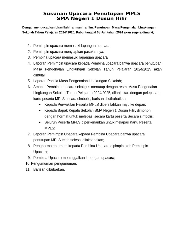 Susunan Upacara Penutupan MPLS 2024 | PDF