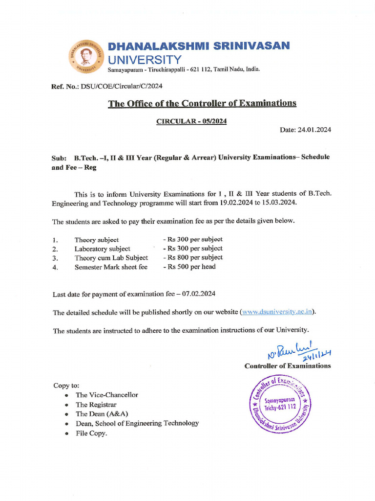 Examinations Fee Circular For SET | PDF