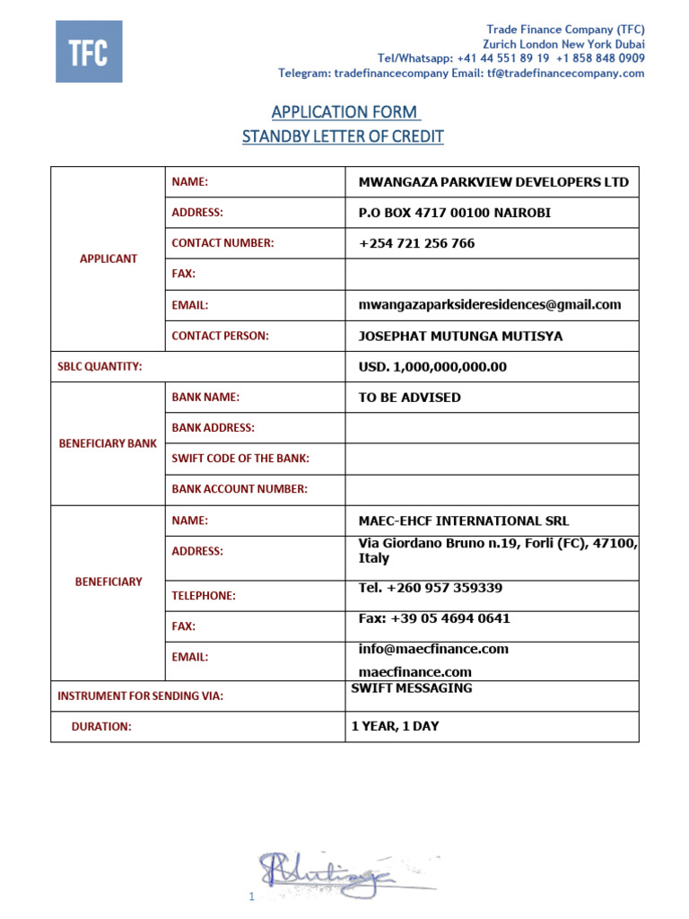 TFC SBLC APPLICATION FORM | PDF
