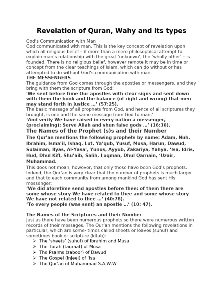 Revelation of Quran, Wahy and Its Types | PDF | Prophets And Messengers ...