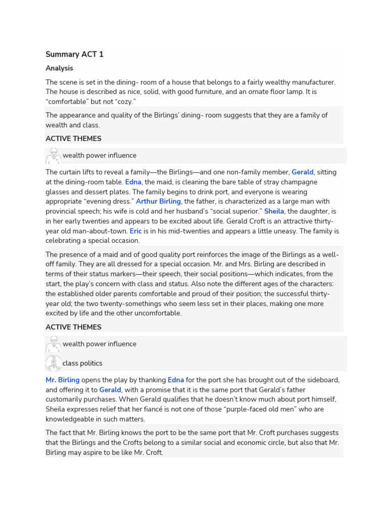 Summary ACT 1 INSPECTOR CALLS | PDF