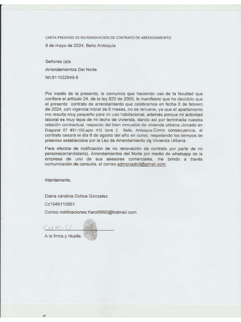 Carta No Renovacion Karolina Ochoa Apto 412 Cerro Claro | PDF