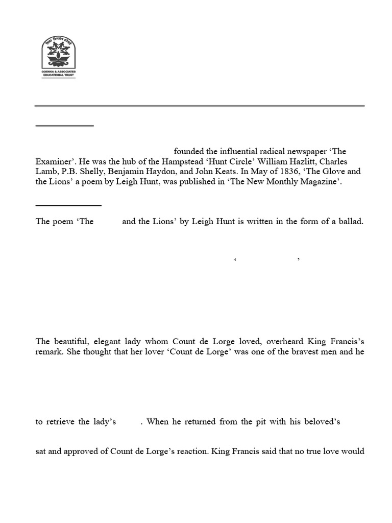 The Glove and The Lions - Worksheet - 2024 | PDF