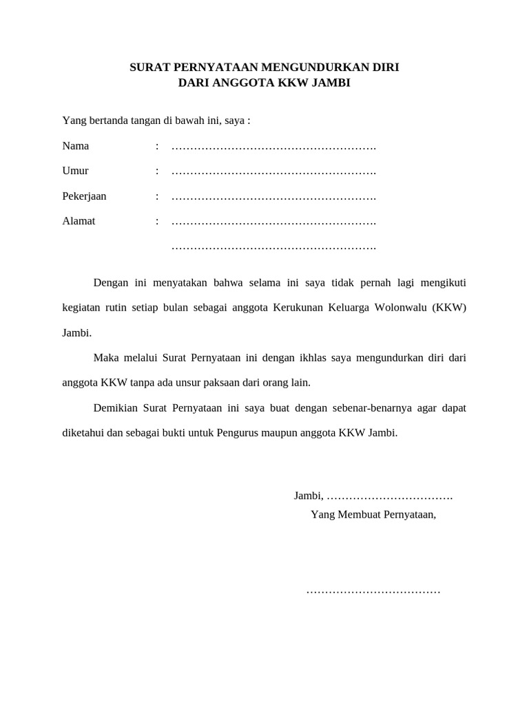 SURAT PERNYATAAN MENGUNDURKAN DIRI KKW JAMBI | PDF