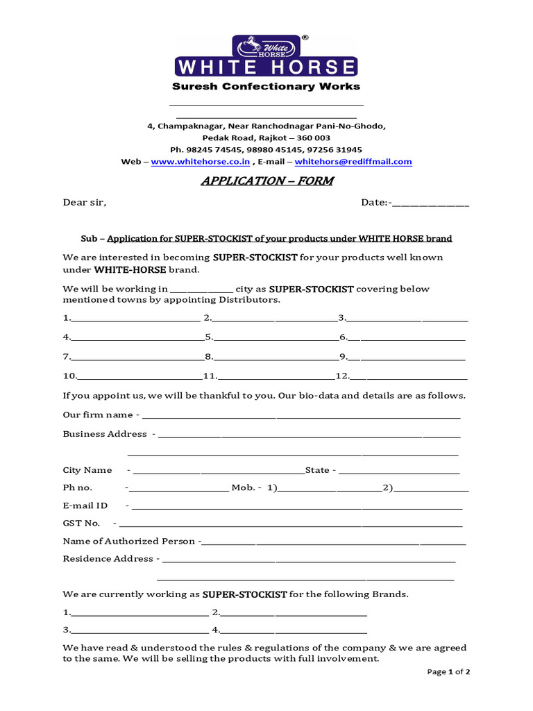 Application Form For Super Stockist | PDF
