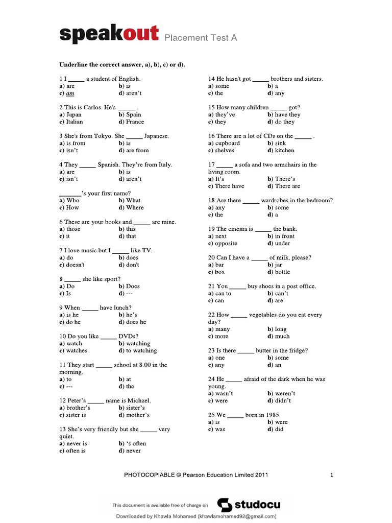 Speak Out Placment Test A | PDF