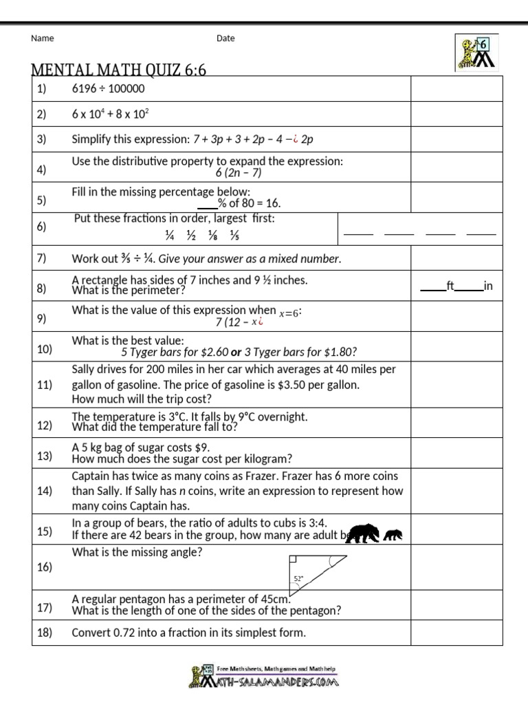 New Test Mental-Math-7th | PDF