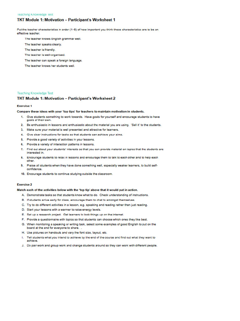 TKT Module 1 Motivation Worksheet | PDF