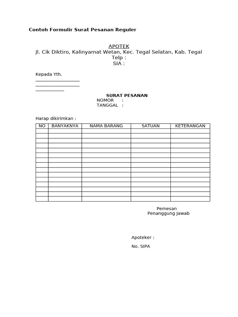 Contoh Formulir Surat Pesanan | PDF