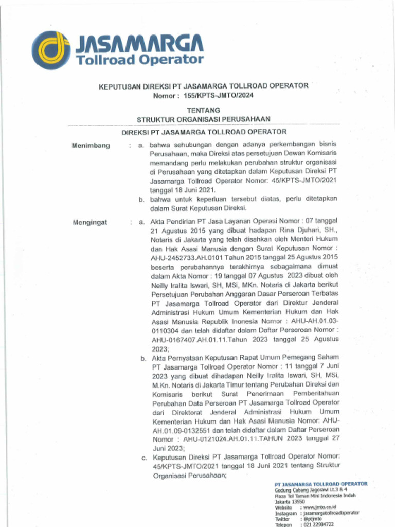 2024 - 155 KPTS-JMTO Struktur Organisasi Perusahaan-1-7 | PDF