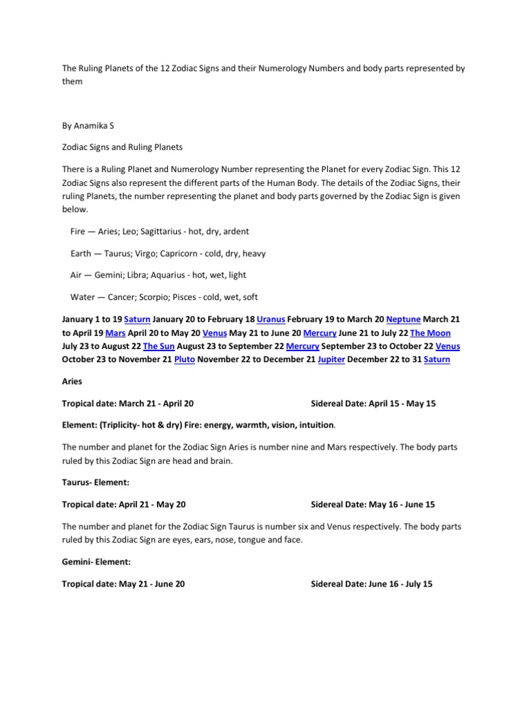 The Ruling Planets of The 12 Zodiac Signs and Their Numerology Numbers ...