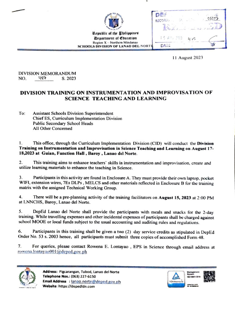 Division Training On Instrumentation & Improvisation of Science ...