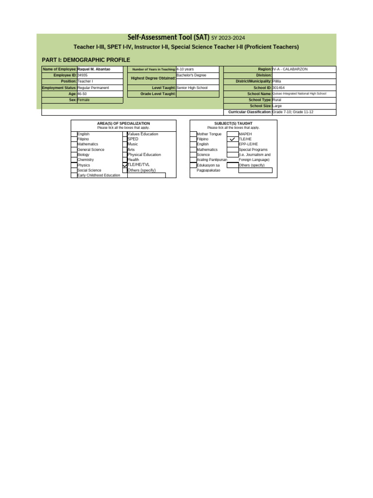 E-SAT Template for Teachers 2024-2025 | PDF | Learning | Goal