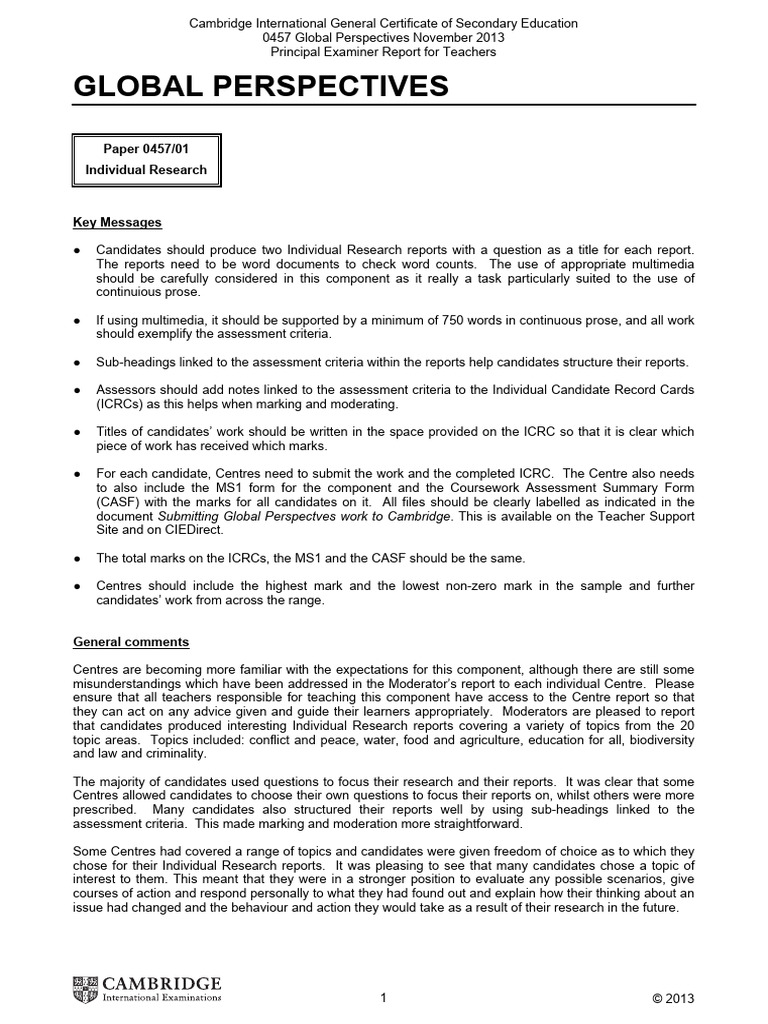 Global Perspectives: Paper 0457/01 Individual Research | PDF