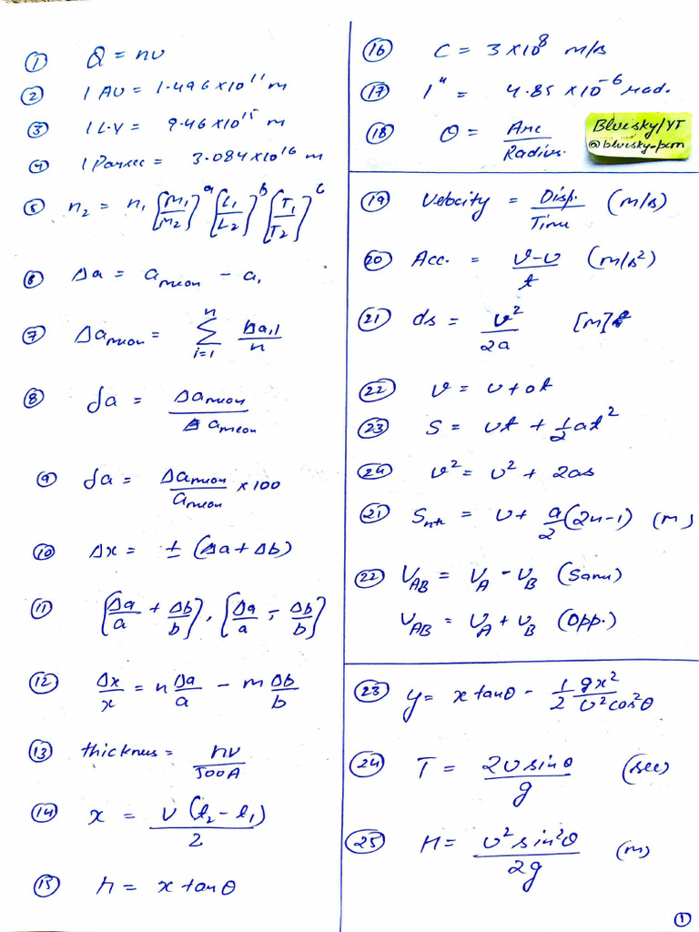 Class 11 Physics All Formulas List + Units ? BlueSky - Youtube | PDF