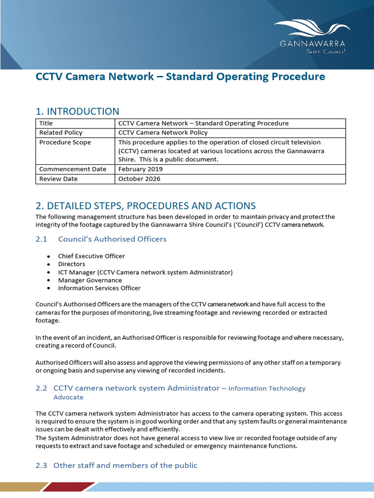 CCTV Camera Network Standard Operating Procedure: Council's Authorised ...