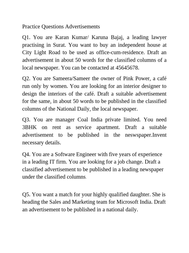 Practice Questions Advertisements | PDF