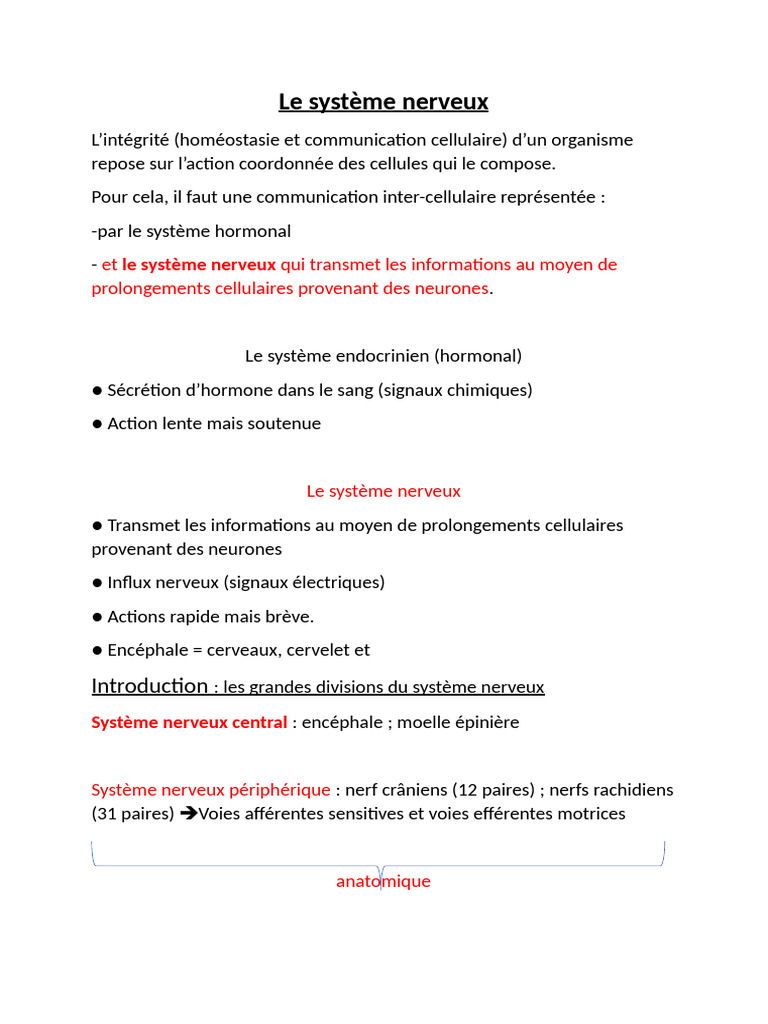 Copie de Physiologie Systeme Nerveux Cour 1 | PDF