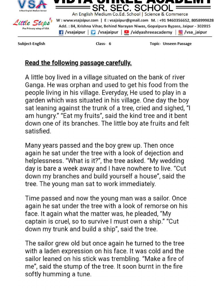 Subject-English Class-6 Topic - Unseen Passage | PDF