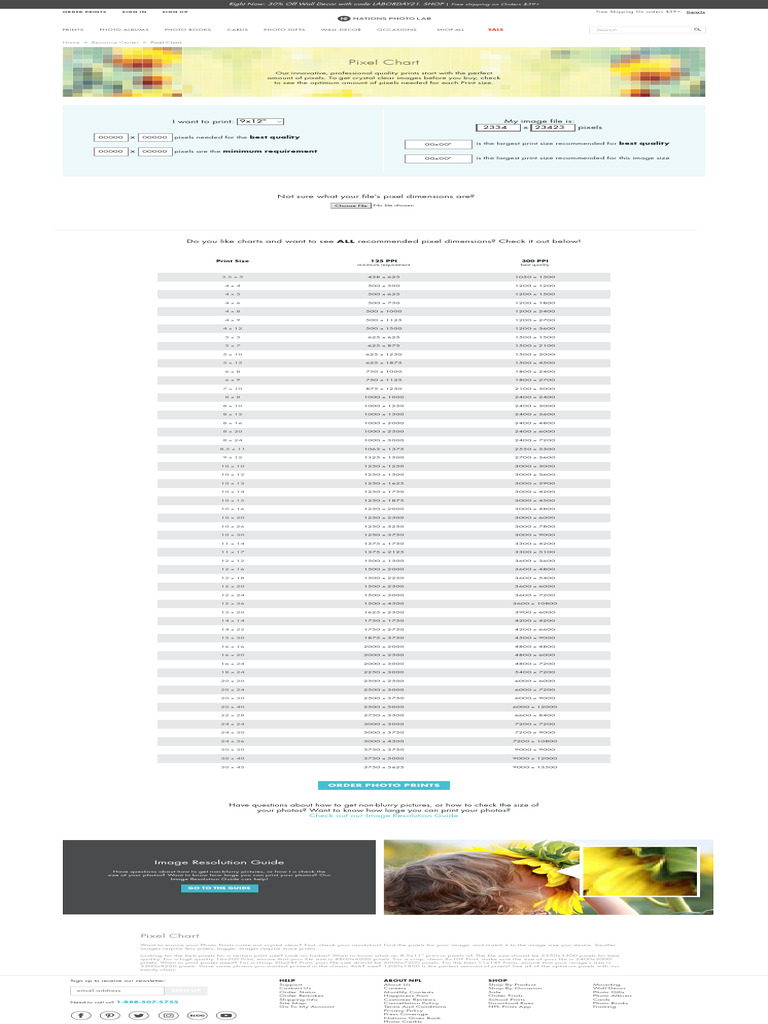 Pixel Chart - Pixels Per Inch - Sorted by Print Size - Nations Photo Lab | PDF