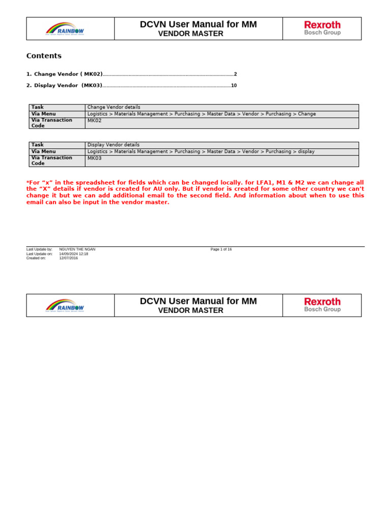 DCVN - MM01 - Vendor Master Data | PDF
