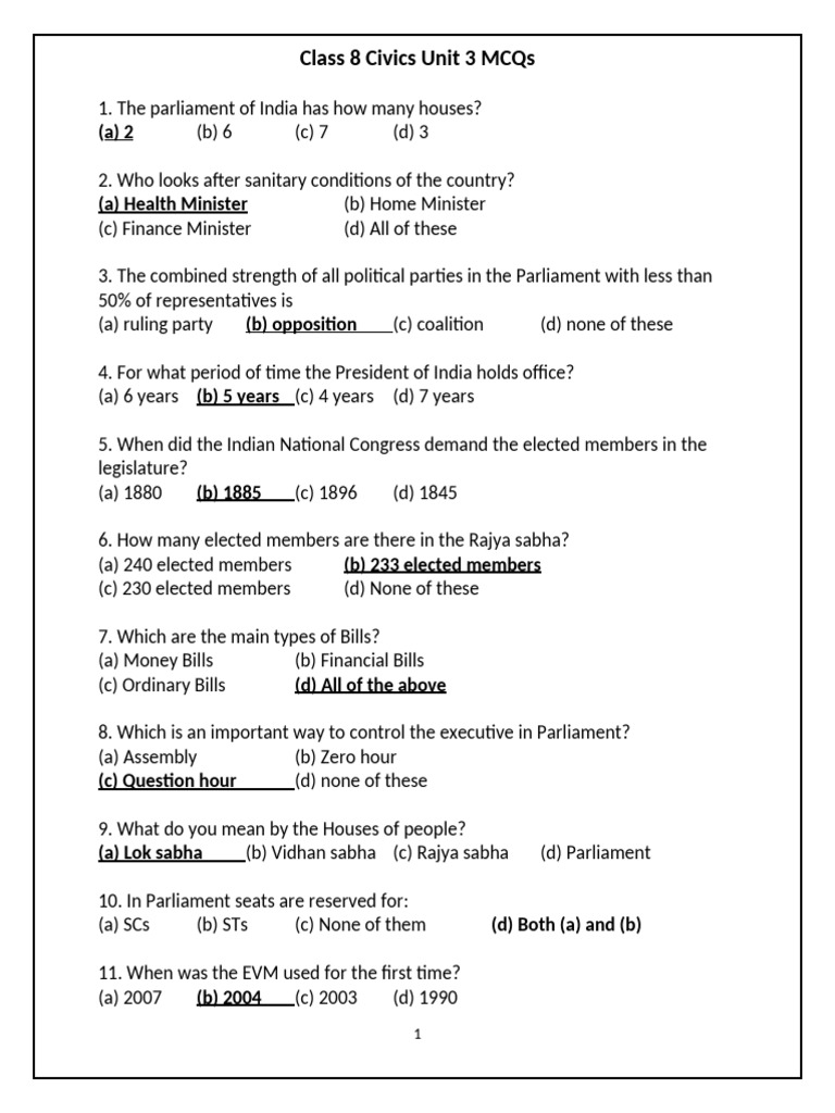 Class 8 Civics Unit 2 MCQs | PDF