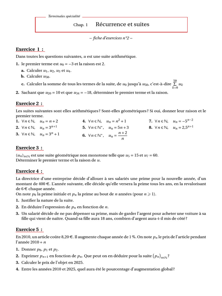 T 01 Exercices Fiche2 Recurrence Suites Pdf
