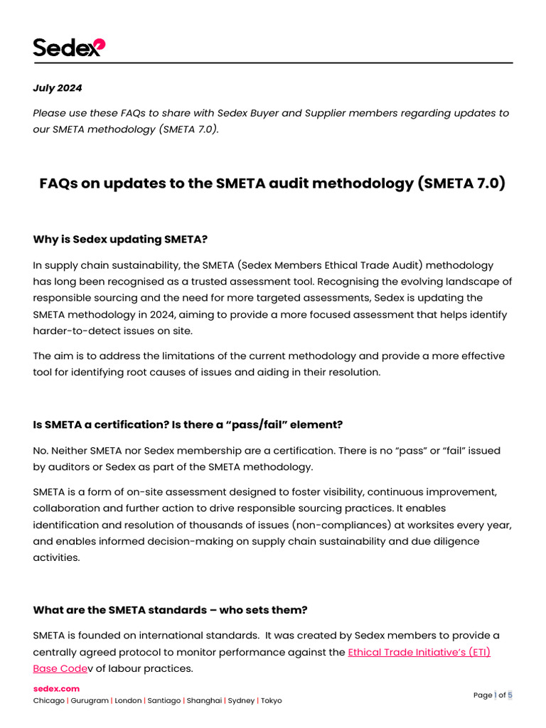 Sedex FAQs on SMETA 7 | PDF