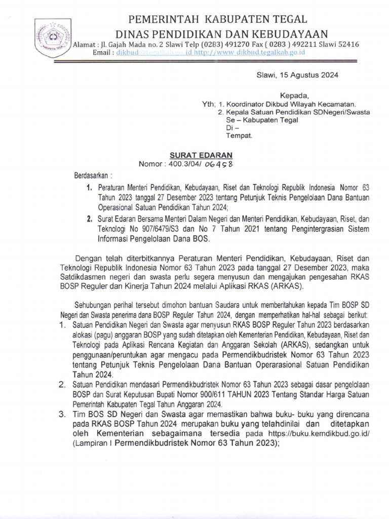 Surat Edaran Regulasi BOSP Tahun 2024 | PDF