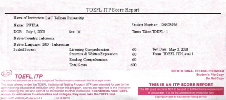 Toefl Itp Score Report | PDF
