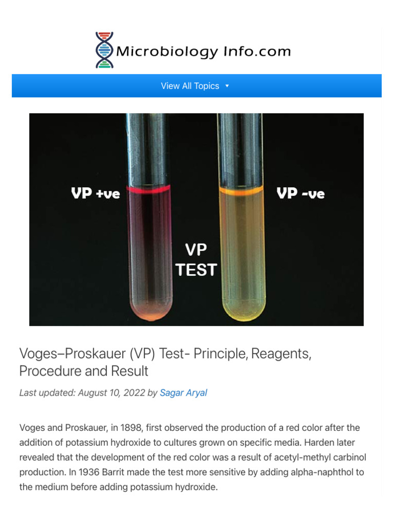 Voges-Proskauer (VP) Test - Principle, Reagents, P | PDF