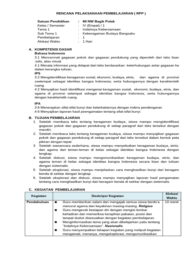 RPP Kls 4 Tema 1 Subtema 1 | PDF