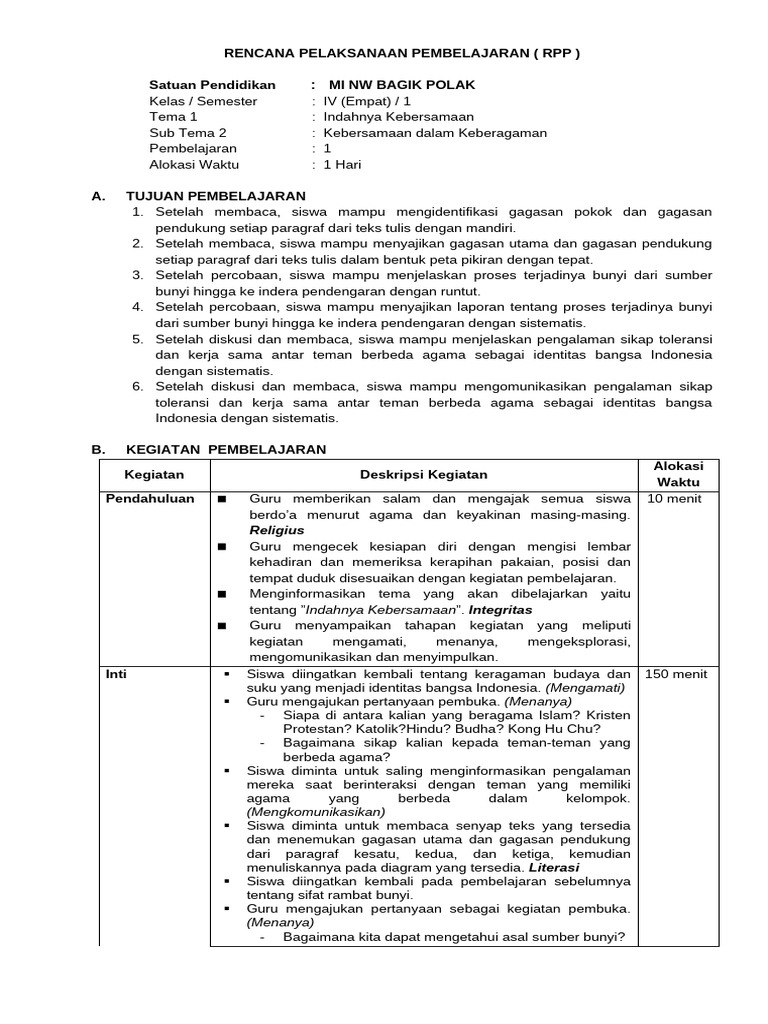 RPP Kls 4 Tema 1 Subtema 2 | PDF