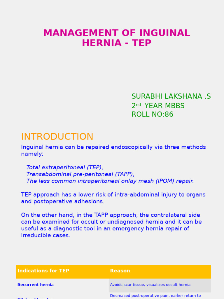 MANAGEMENT OF INGUINAL HERNIA - TEP (1) | PDF