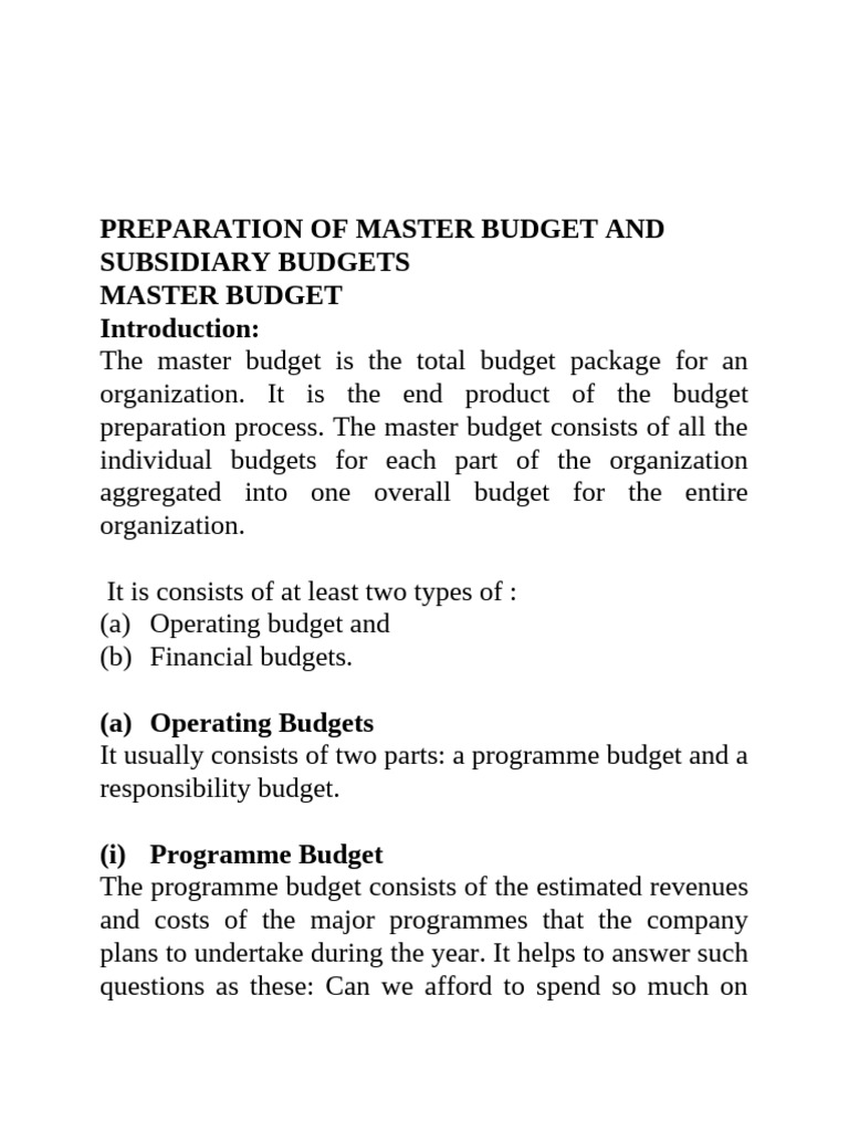 Preparation of Master Budget and Subsidiary Budgets | PDF