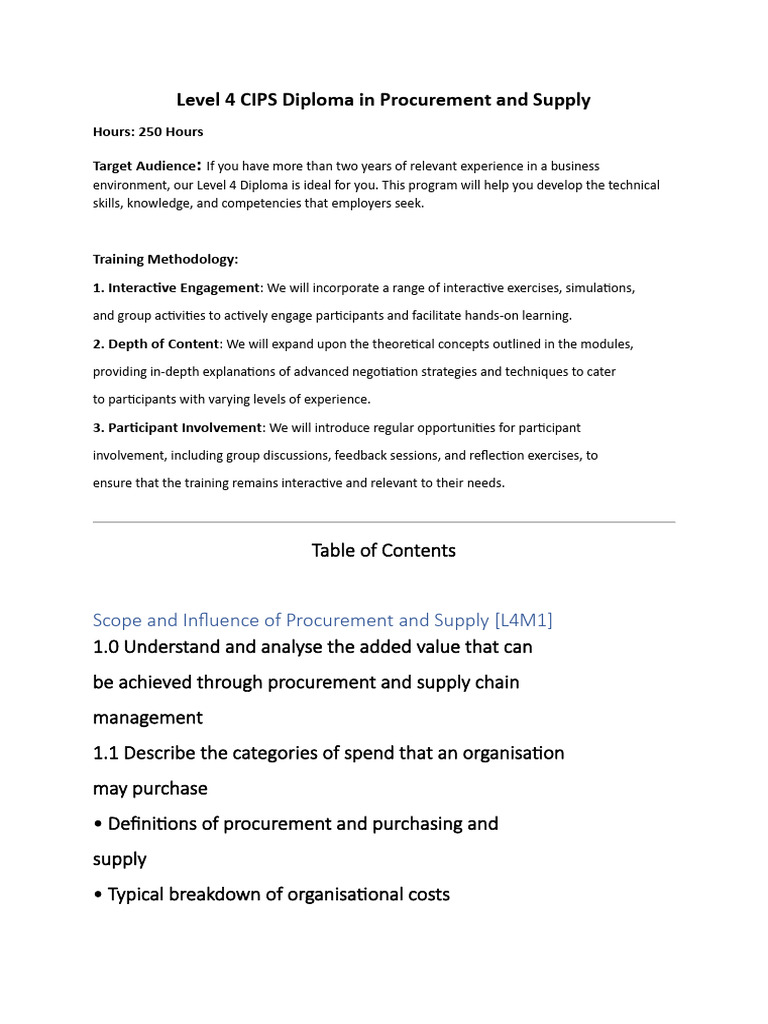 Level 4 CIPS Diploma in Procurement and Supply: Hours: 250 Hours Target ...