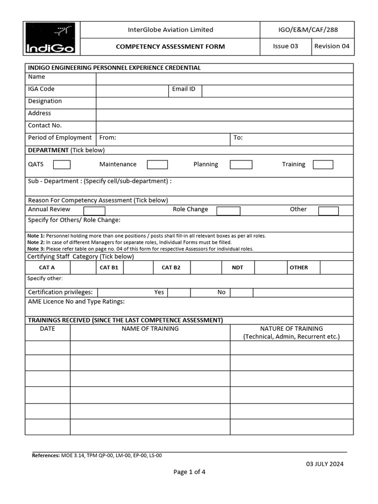 288 - Competency Assessment Form Issue 03, Rev. 04 | PDF