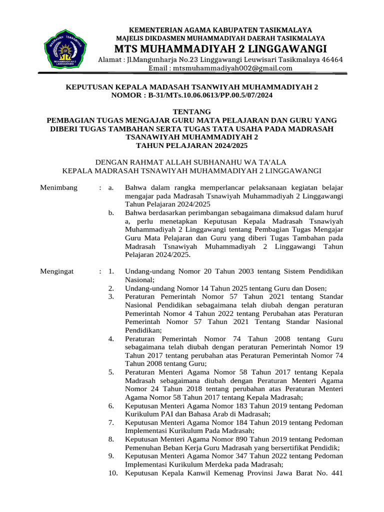 SK Pembagian Tugas Mengajar TP 2024-2025 | PDF