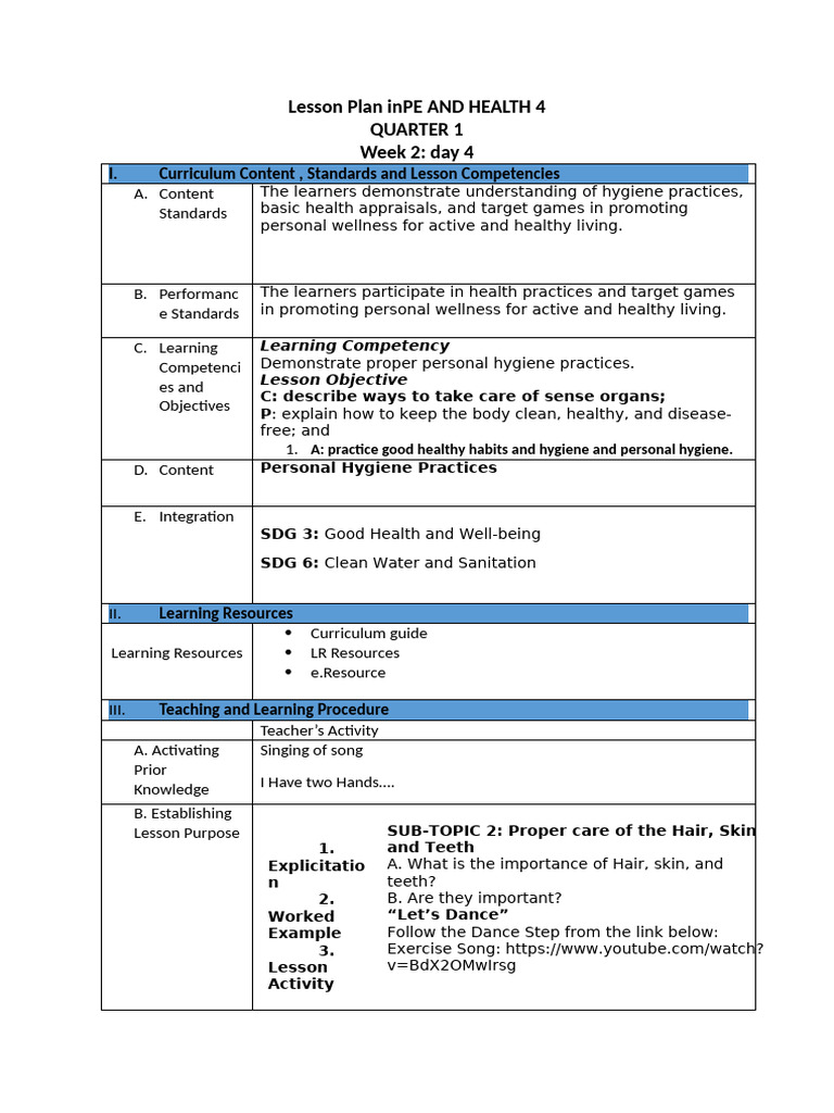 4 WK 2 Lesson Plan in PE Health | PDF